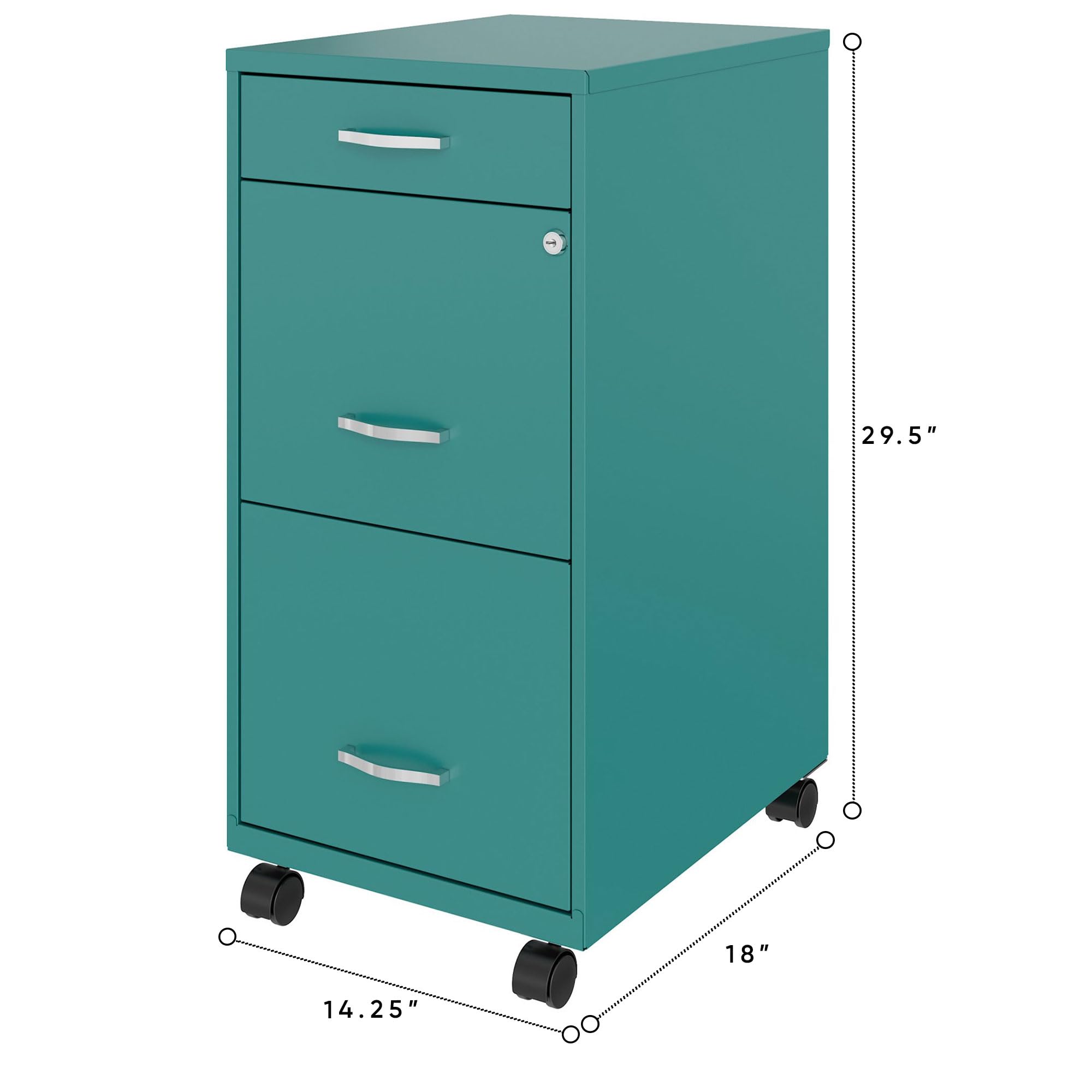 Space Solutions 18 Inch Wide Metal Mobile Organizer File Cabinet for Office Supplies and Hanging File Folders w/Pencil Drawer & 3 File Drawers, Teal