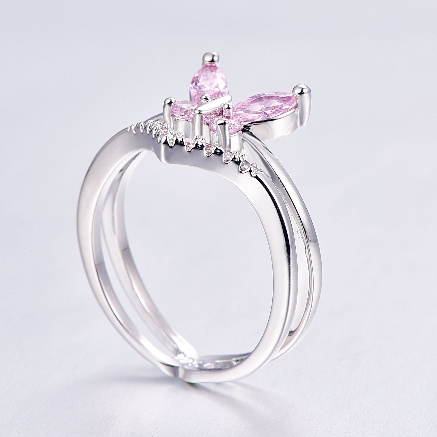 Veunora 925 Sterling Silver Plated Created Sapphire Quartz Moon and Star Engagement Band Ring Set (Z2-Pink, 6)