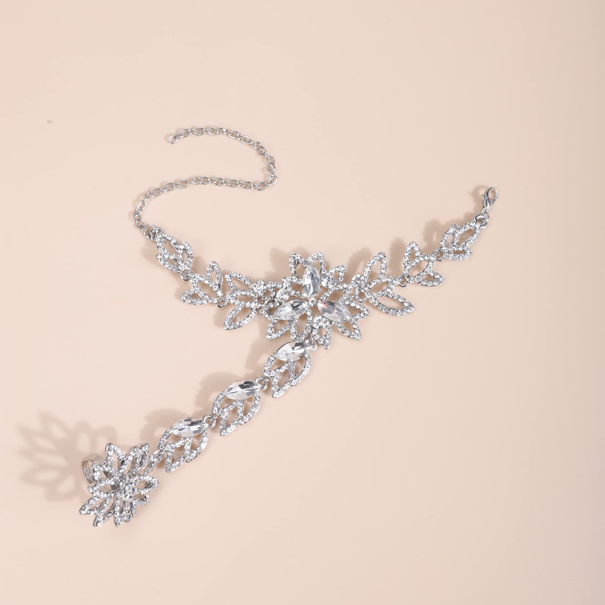 YERTTER Dainty Spark Shining Rhinestone Crystal Hand Chain Bracelet with Finger Ring Flower Slave Link Bracelet Wedding Bridals Hand Jewelry (Style 13)