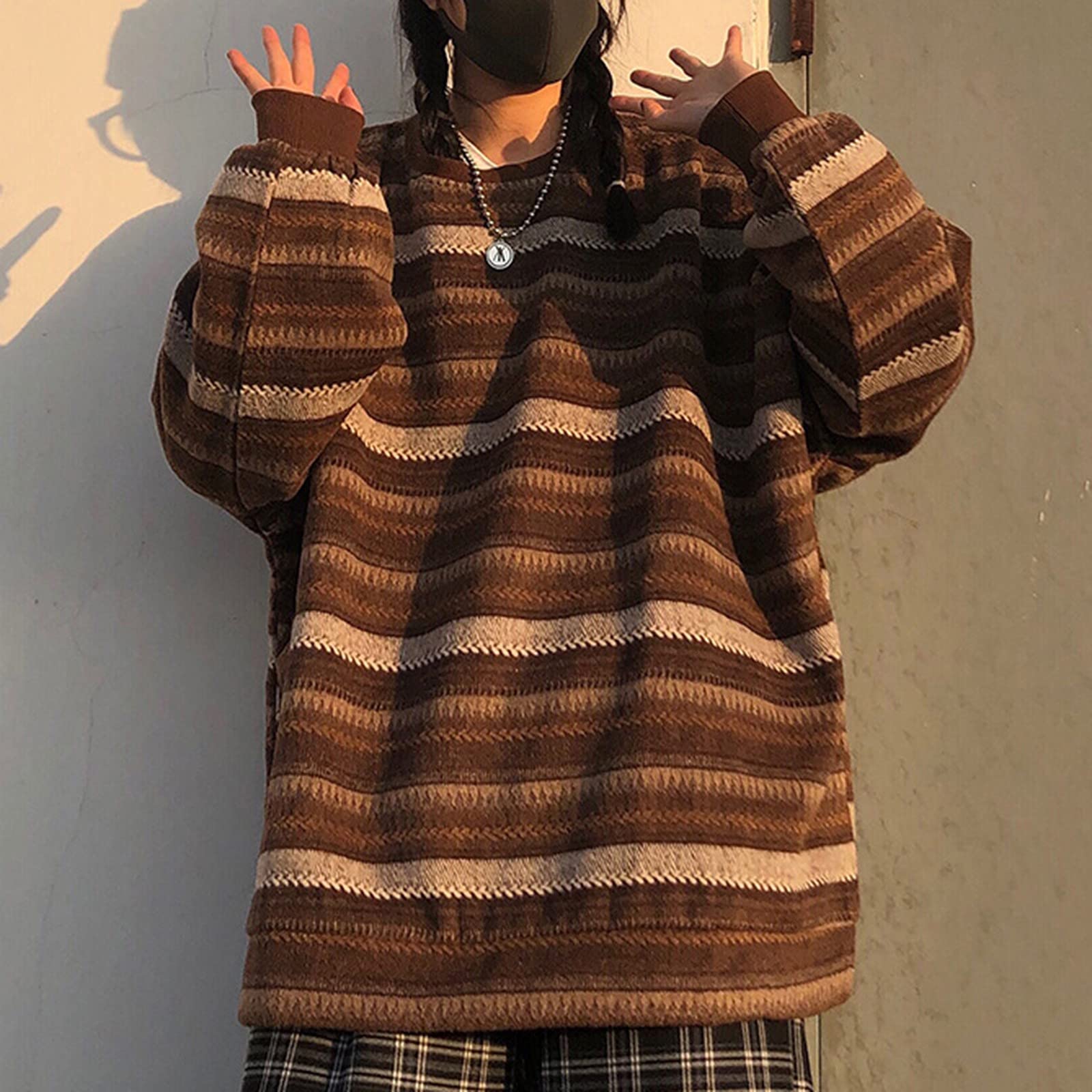 Women's Crewneck Color Block Striped Sweater Long Sleeve Loose Knit Plus Size Women Sweaters under 10 (Coffee, XXXXL),4X-Large