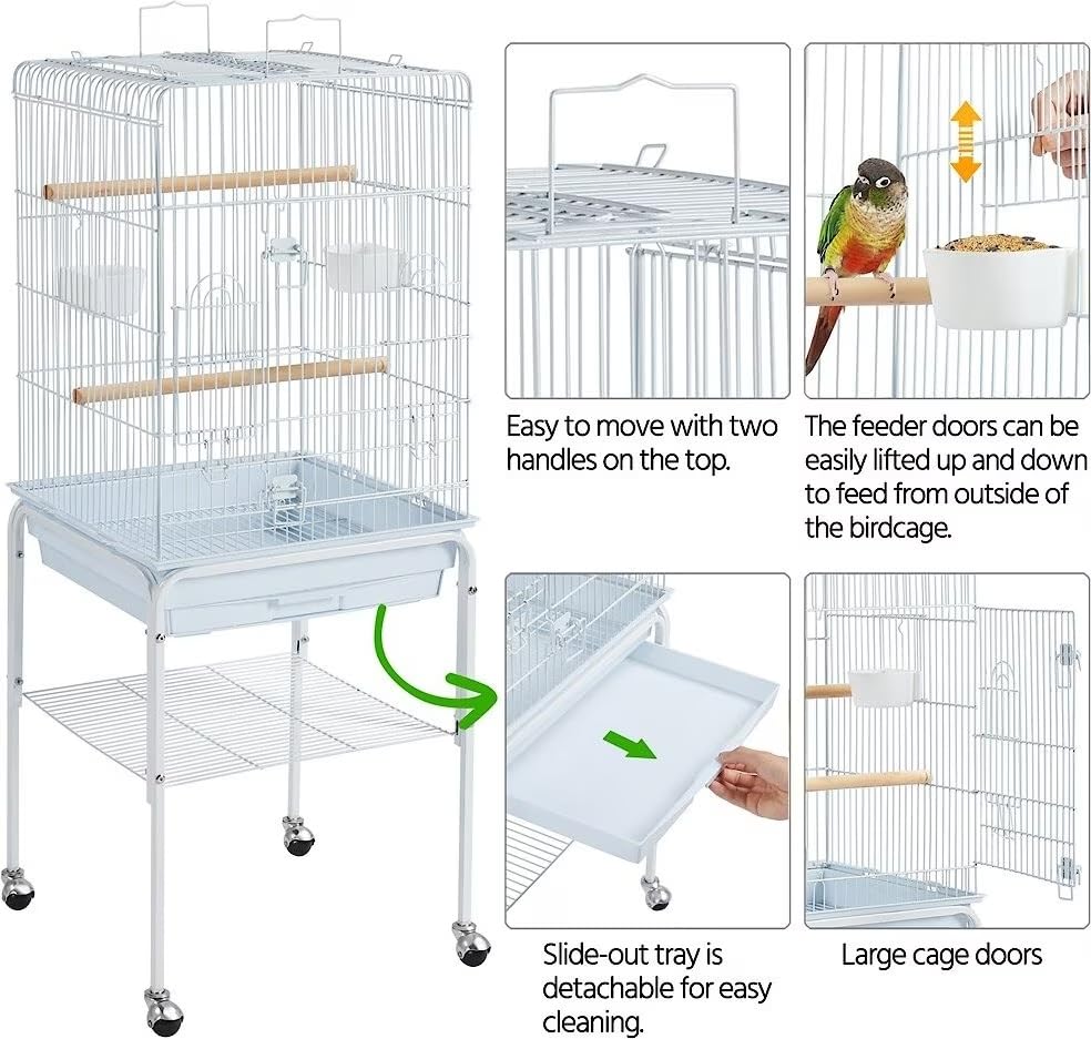 TENAS Deluxe Spacious Bird Cage - Interactive Play Top - Wire Construction - Rust Resistant Paint Coating - Wooden Perch - Convenient Small Feeder Door - Removable Rolling Bracket Metal (White)