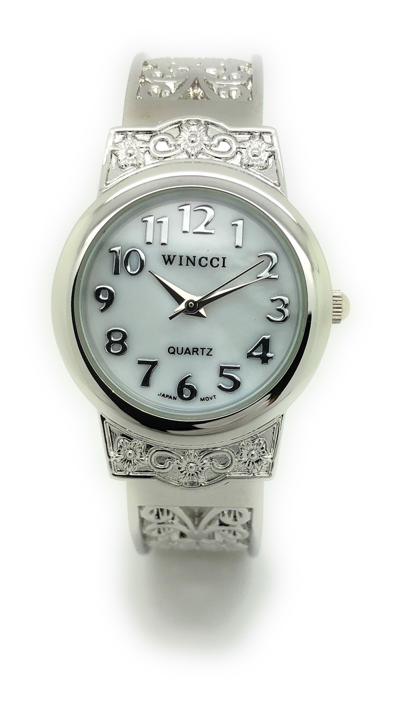 Wincci Ladies Elegant Metal Bangle Cuff Fashion Watch Pearl Dial (Silver)