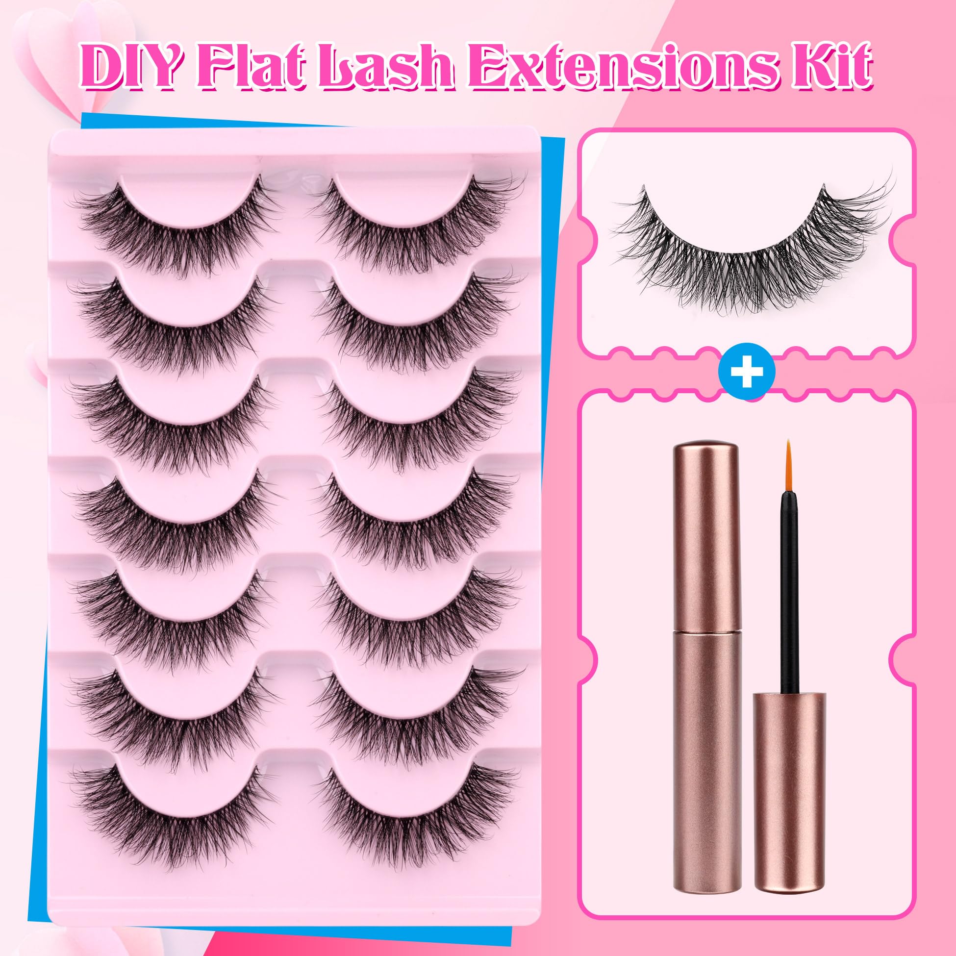 wiwoseo Natural Wispy Fluffy Lashes with Glue Cat Eyes Mink Lashes Clear Band Eyelashes with Glue Kit Russian Strip Lashes Natural Look False Eyelashes Extension Strip Lashes D Curly 7 Pairs Pack