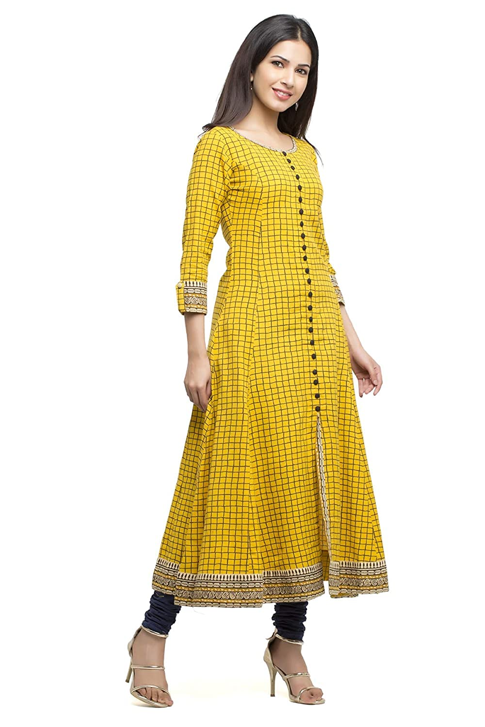 Yash Gallery Women's Cotton Slub Checks Print 3/4 Sleeves Anarkali Kurta (Yellow, XL)