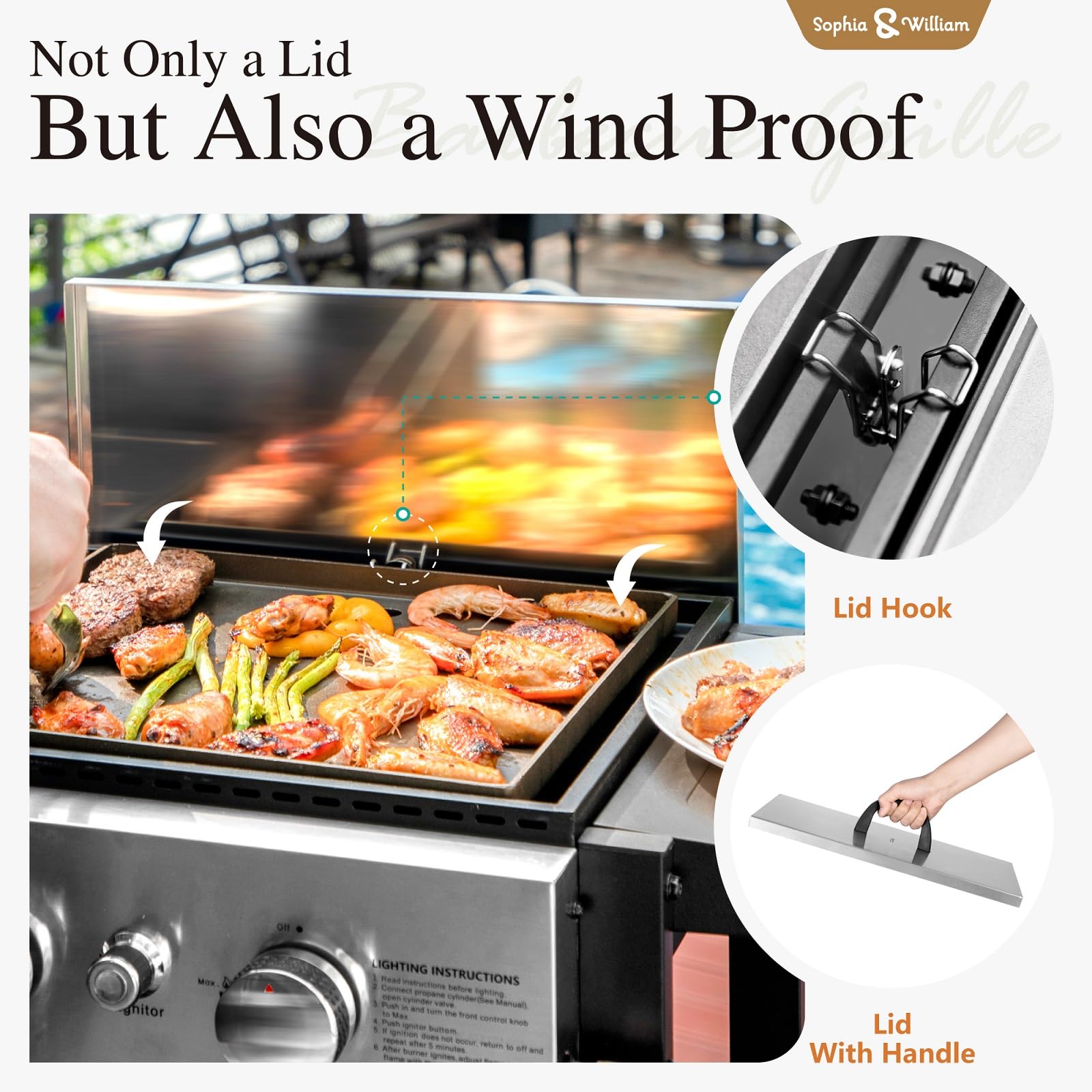 Sophia & William Flat Top Gas Griddle Grill with lid 3-Burner 33,000 BTU Propane BBQ Grill Outdoor Cooking Station, Can be Converted into Table Top Griddle for Camping