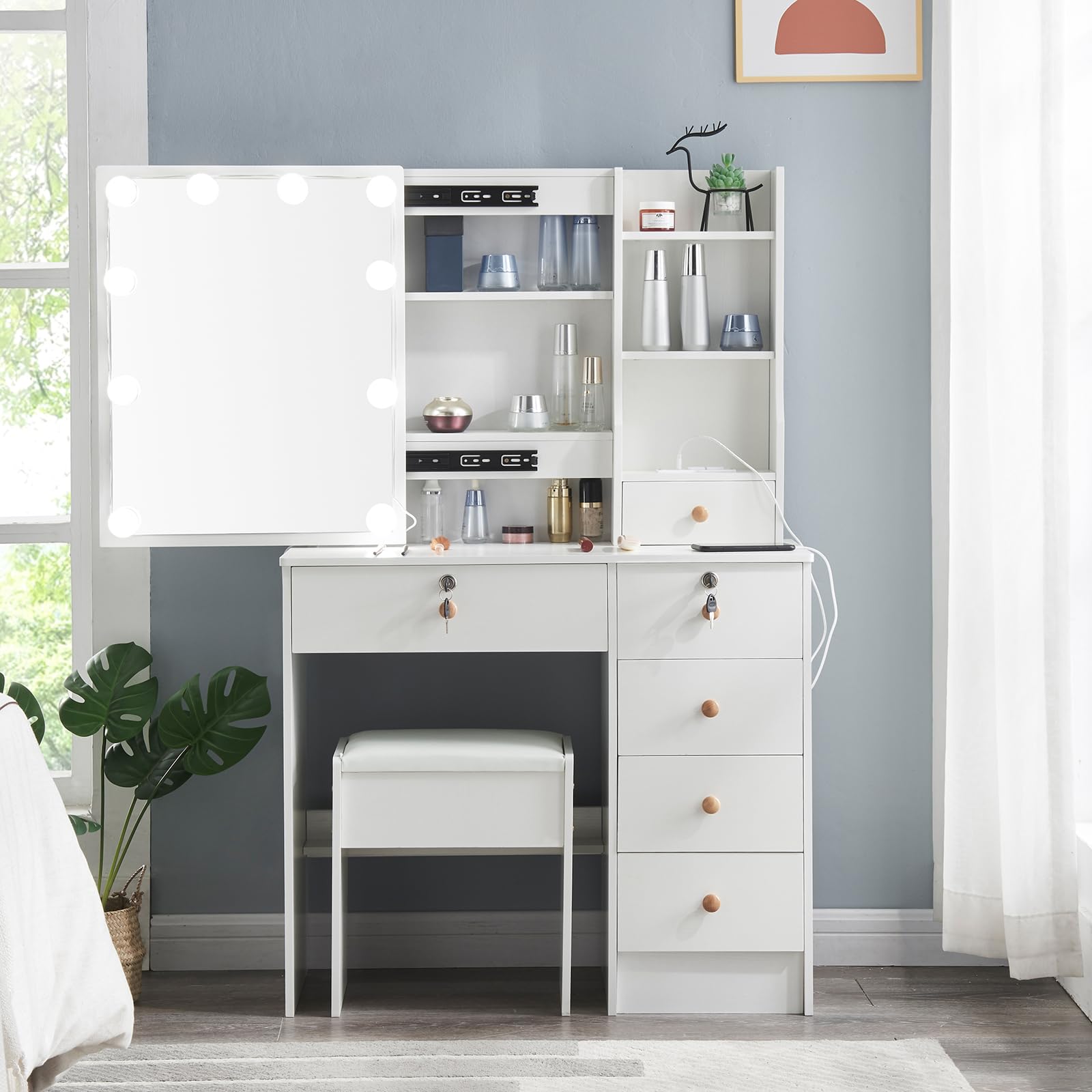 Vanity Table with Mirror and Lights, Power Outlet, Vanity with Chair and 5 Drawers for Girls, Modern Makeup Dressing Table with Hidden Storage, White