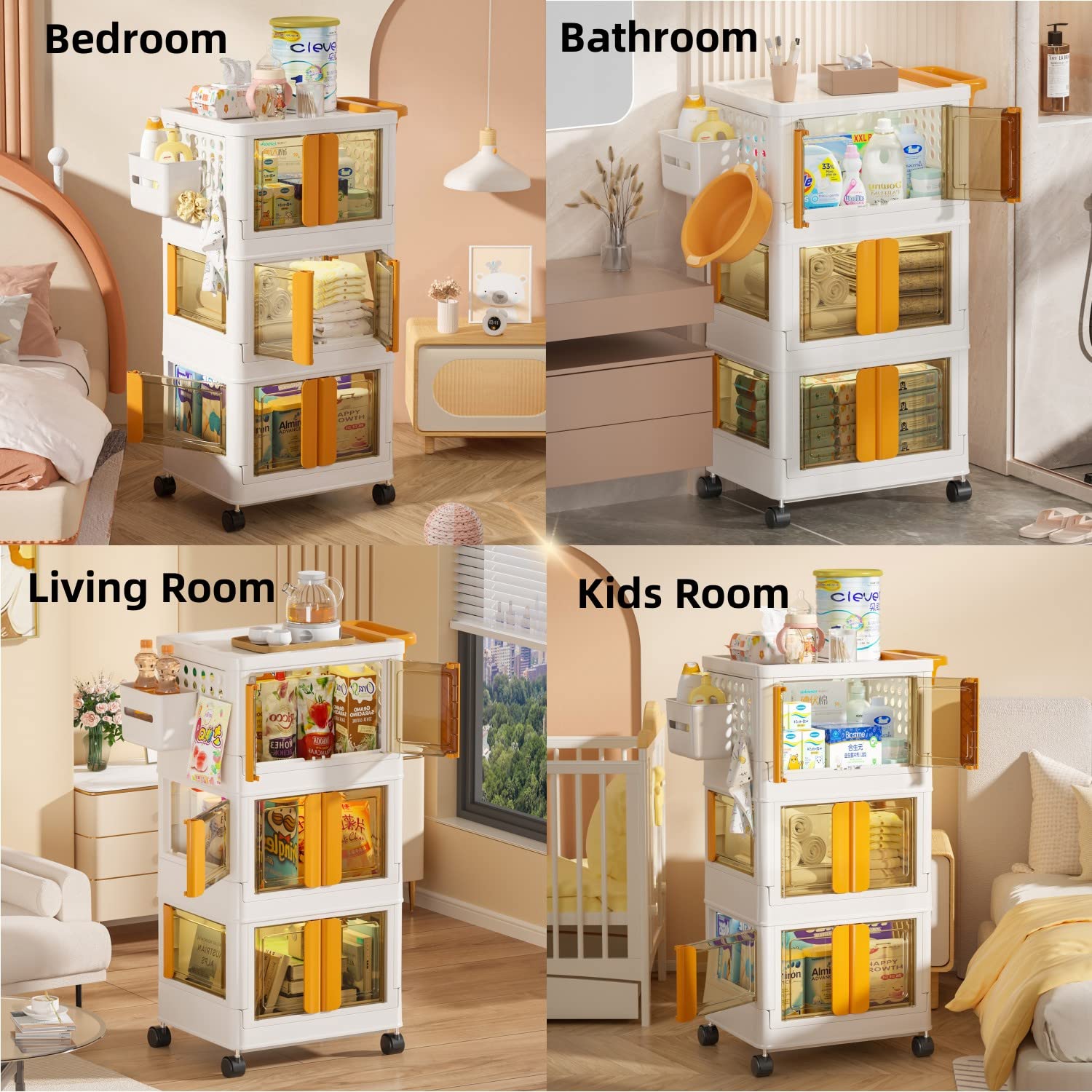 wookon Storage Bins with Lids 4 Packs+3 Tiers Storage Cart