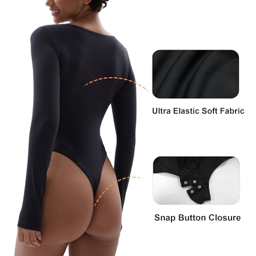 SHAPERX Women's Long Sleeve Scoop Neck Bodysuit Fits Everybody Soft Body Suits Tops, SZ5260-Black-M