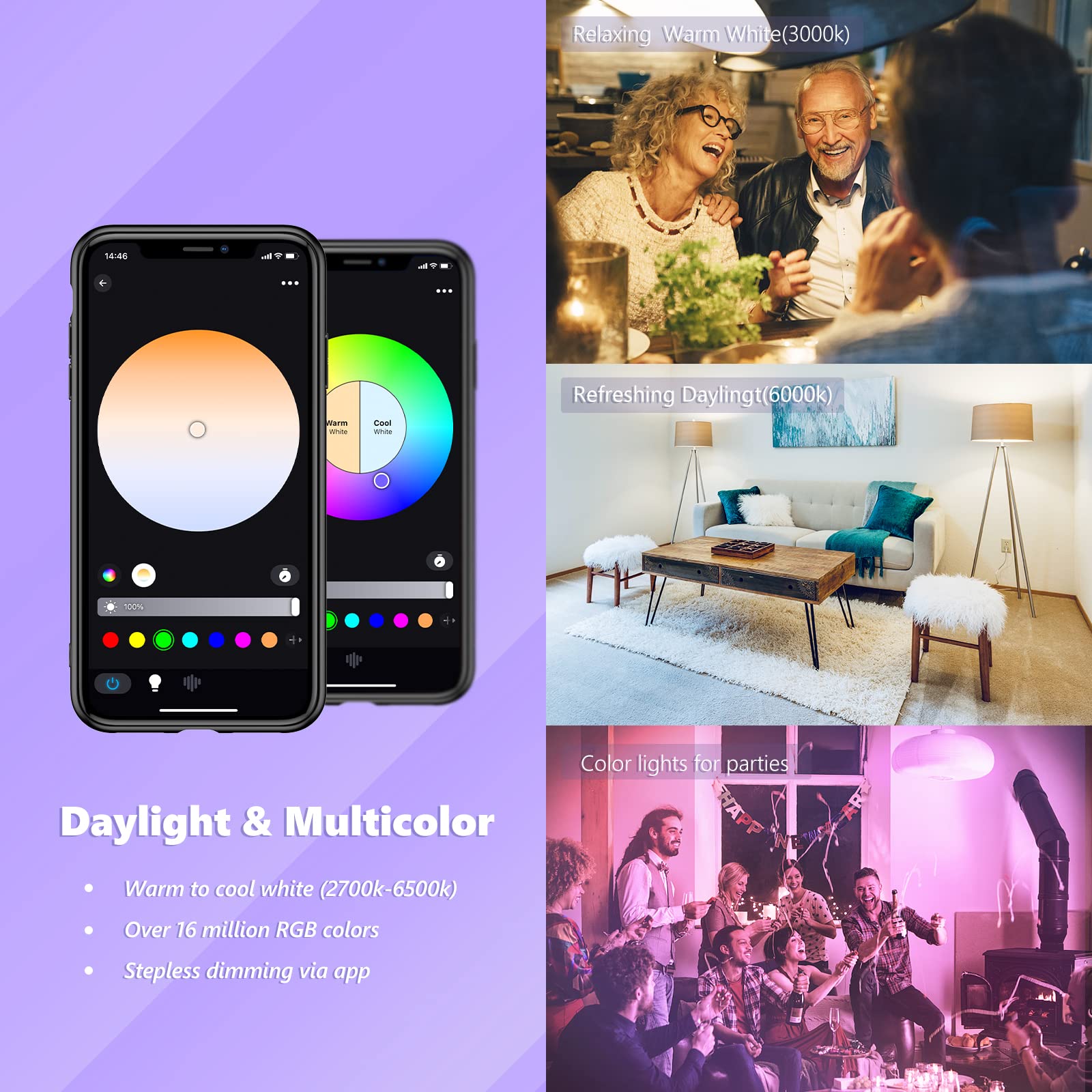 Vanance Smart Light Bulbs, WiFi & Bluetooth Compatible A19 Full Color Changing Light Bulbs, 60W Equivalent, Dimmable, Smart Home LED Bulbs Work with Alexa Google Assistant, 4Pack