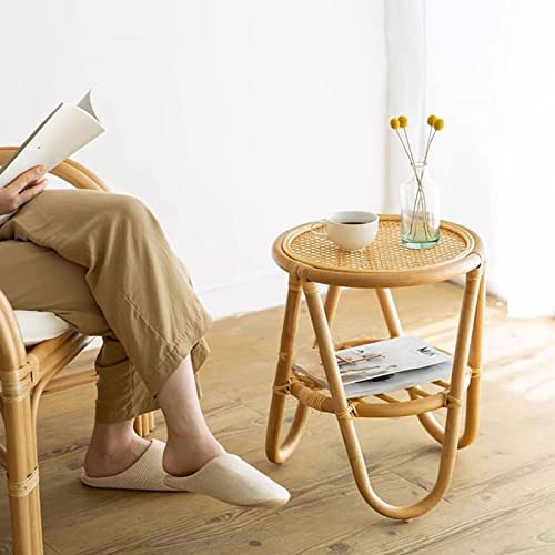 Sofa Side Table Couch Table Natural Rattan Round Side Table with Storage Shelf, Nightstand Modern End Table for Living Room Bedroom Office Small Spaces, Hand-Woven Rattan End Table Coffee Table