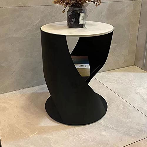 Sofa Side Table Couch Table Metal End Table with Sintered Stone Tabletop, Round Modern Side Table with Storage Shelves Table, 3 Tier Drum End Table Coffee Table for Living Room Bedroom End Tabl