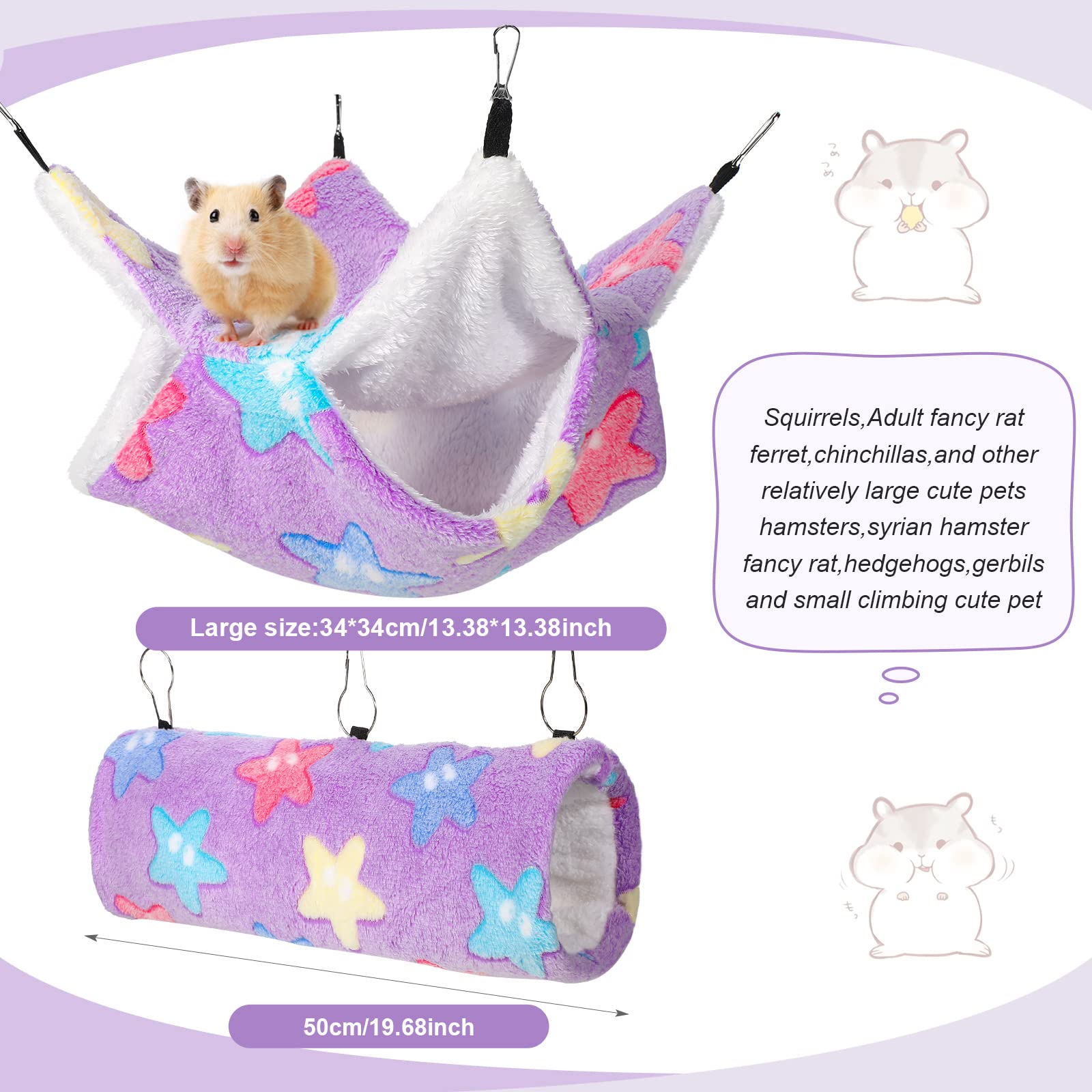 Shappy 2 Pieces Small Pet Cage Hammock Hanging Tunnel for Small Animals Hanging Bed Cage Guinea Hammock Cage Accessories for Ferret Rat Chincilla Hammock Sleeper Cage Accessories Set (Purple, Star)