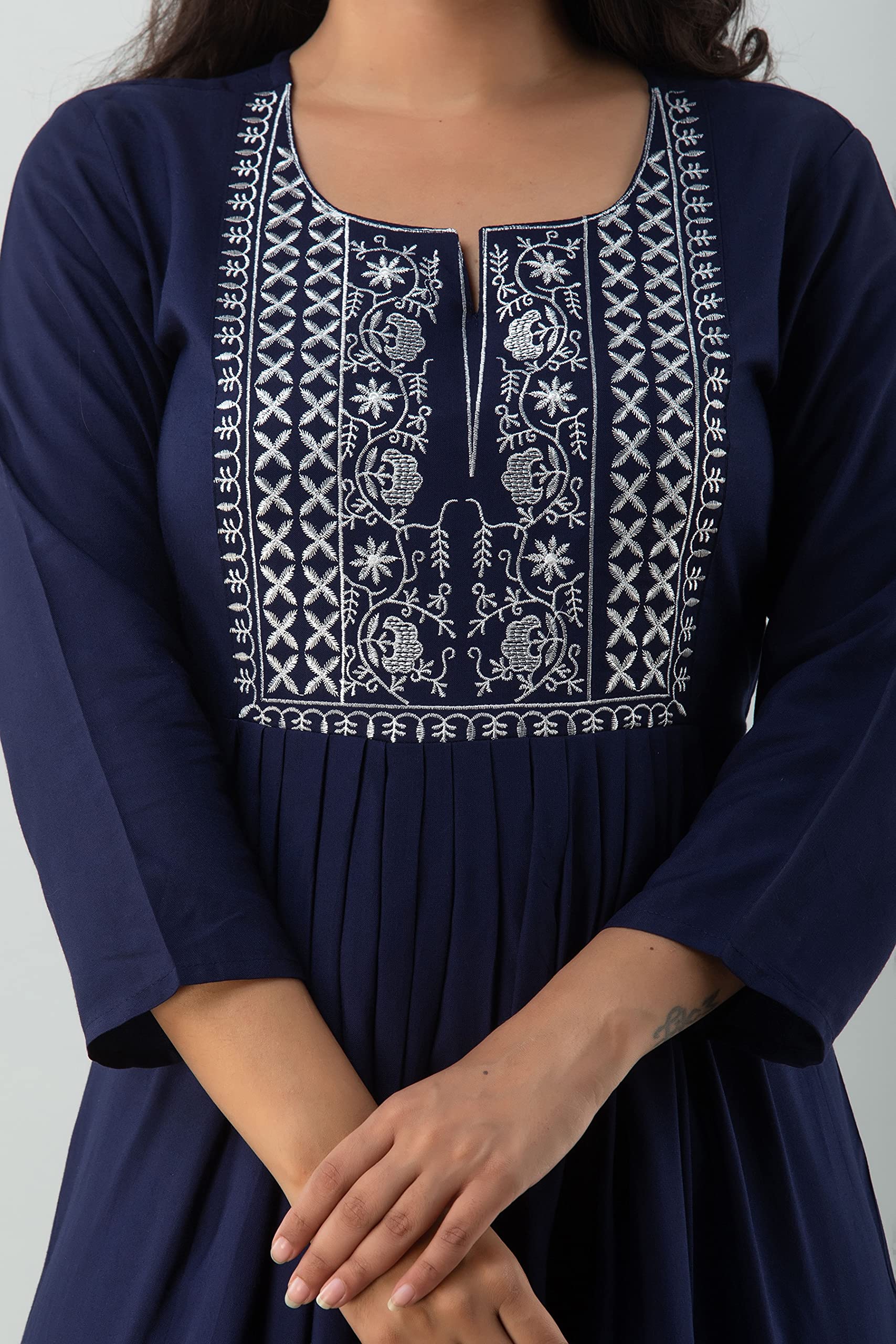 Women's Rayon Printed Anarkali Kurti With Palazzo (Blue, Small)