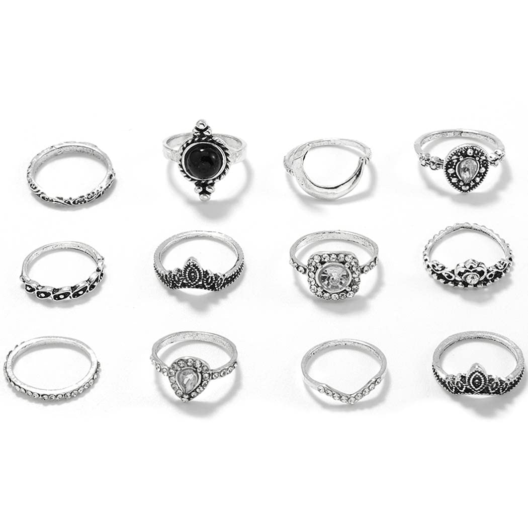 Woeoe 12 PCS Boho Knuckle Stacking Rings Silver Vintage Finger Rings Bling Crystals Moon Midi Rings for Women