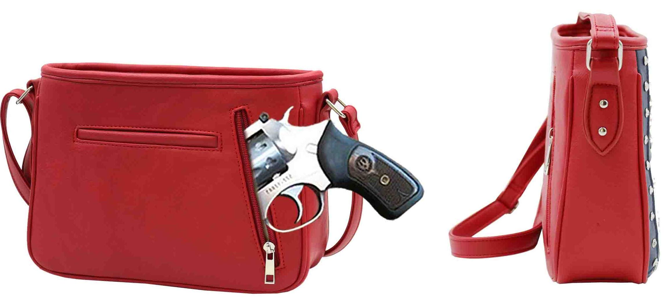 Western Tooled Leather American Flag Rhinestone Concealed Crossbody Messenger Bag (Red)