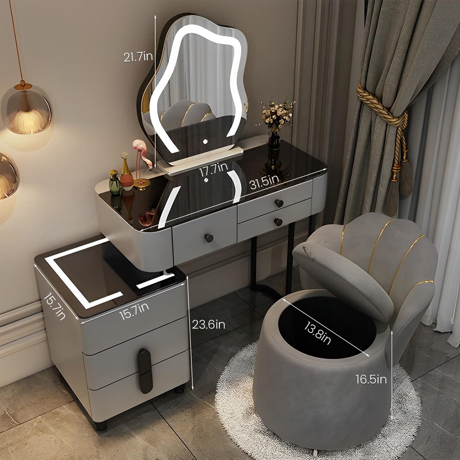 Winfree Smart Makeup Desk,Multifunction Vanity Table Set with 5 Drawers, LED Light Makeup Mirror and Storage Chair, Vanity Set with Adjustable Lighted Mirror for Girls(Noble Gray) (31.5in)