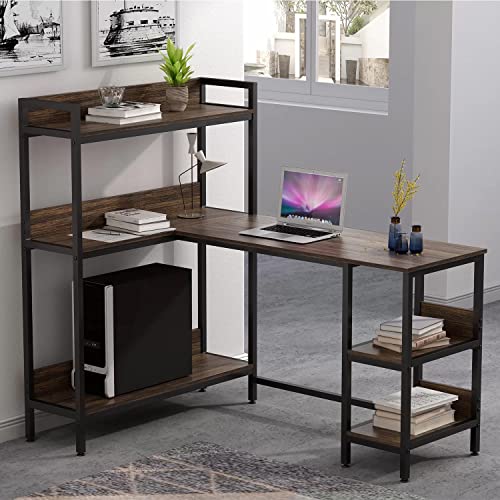 Umekesa L Shaped Desk with Hutch and Storage, 55" Large Corner Computer Office Desk with Shelves Bookshelf Study Writing Table PC Gaming Desk Workstation for Home Office, Rustic Walnut