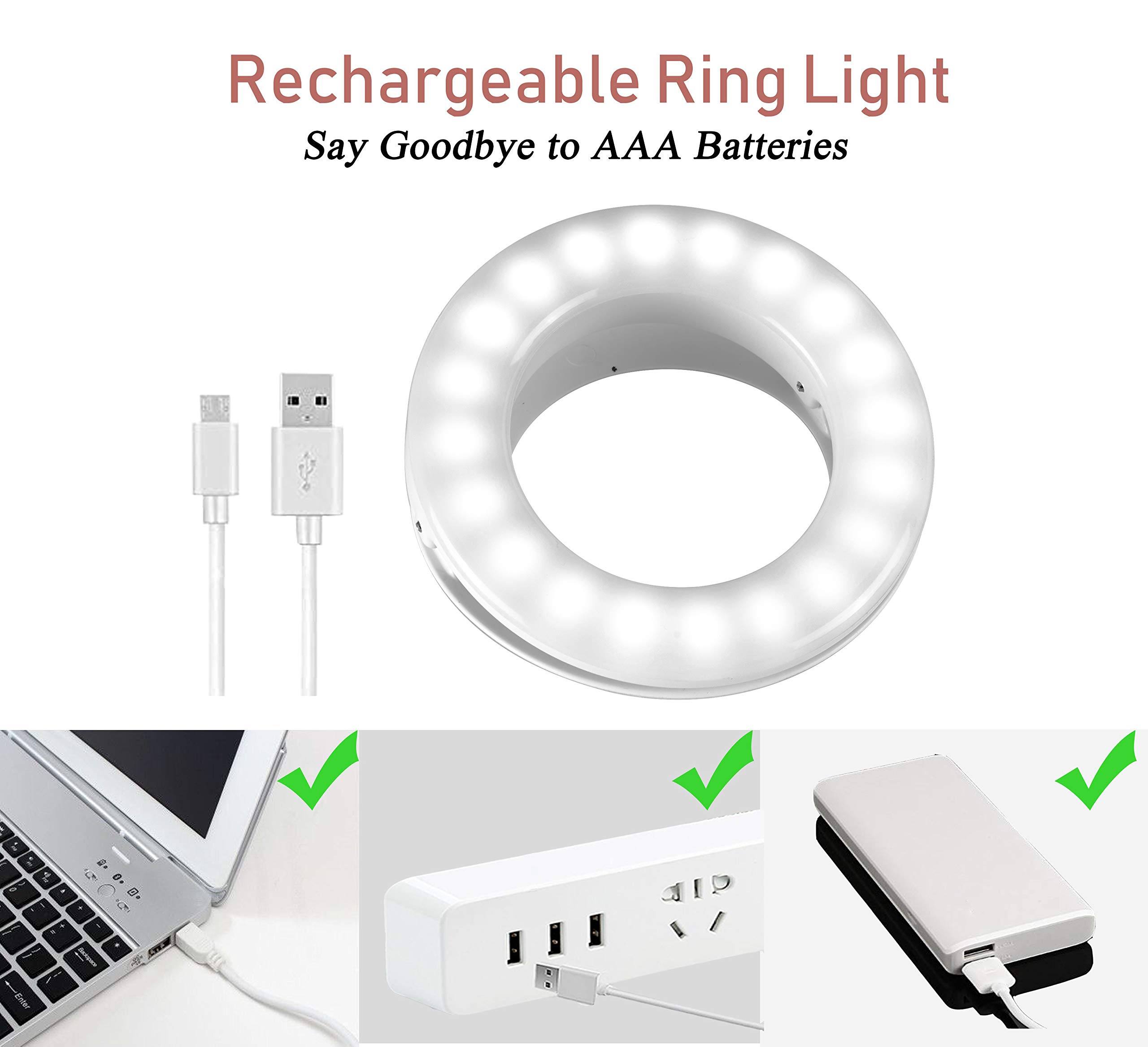 Selfie Ring Light, Oternal Selfie Light Rechargeable Portable Clip-on Selfie Fill Ring Light for iPhone Android Smart Phone Photography, Camera Video, Girl Makes up (White)