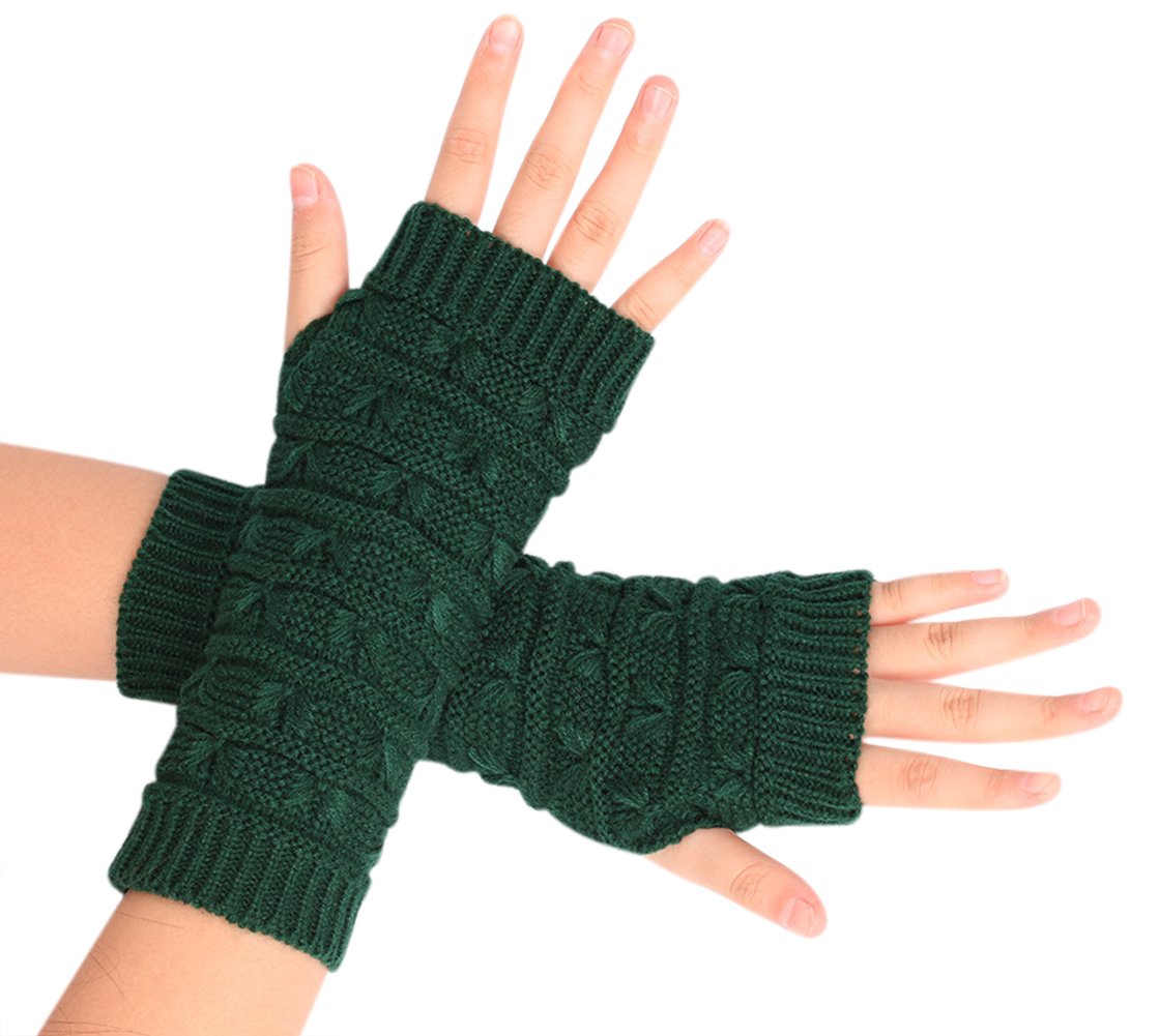 Women Winter Fingerless Gloves Crochet Knit Arm Warmers Mittens with Thumb Hole,Khaki