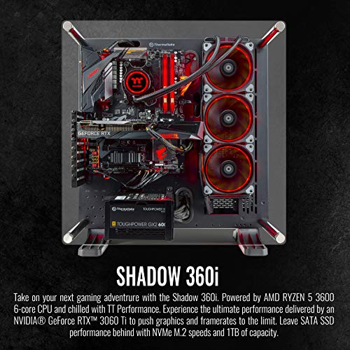 Thermaltake Shadow 360i Liquid-Cooled PC (AMD Ryzen 5 3600, RTX 3060 Ti, 16GB RGB 3000Mhz DDR4 ToughRAM RGB Memory, 1TB NVMe M.2, WiFi, Win 10 Home) Gaming Desktop Computer P3BK-B450-S36-LCS