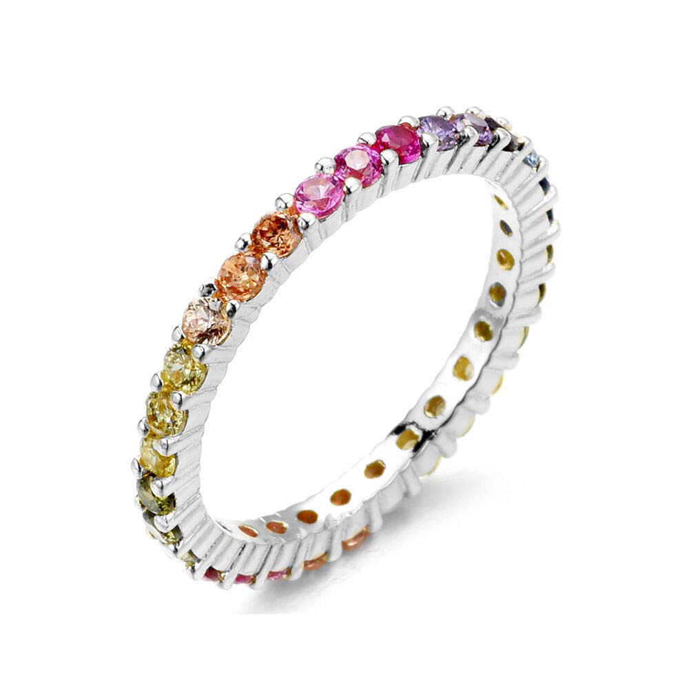 Women's 2mm Sterling Silver CZ Round Rainbow Pride Collection Eternity Ring
