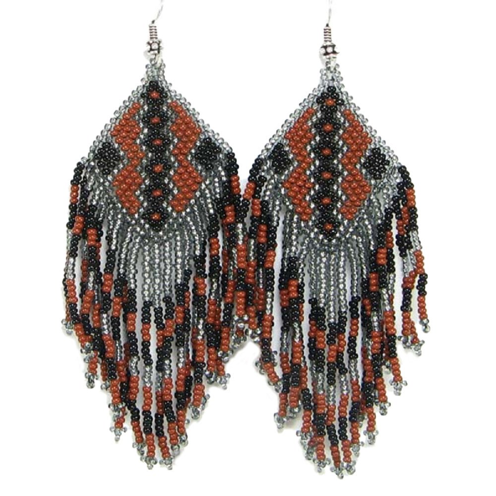 Southwestern Native American Inspired Geometric Beaded Earrings Handmade (Gray Brown)