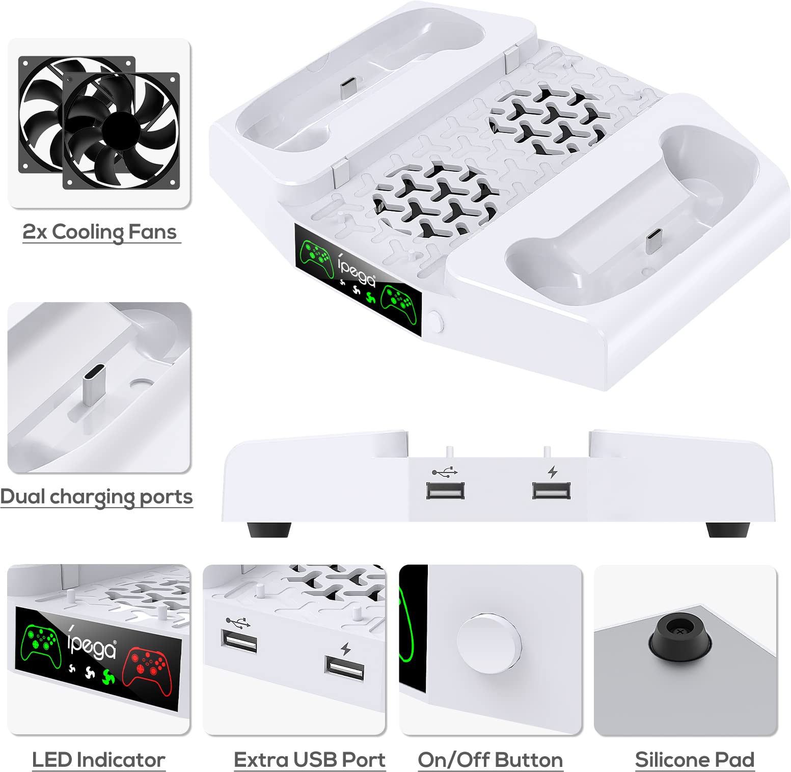 Vertical Cooling Stand for Xbox Series S Console, MENEEA Dual Charging Station Dock for Controller with Adjustable 3 Level Wind Cooling Fans and 1x Headphone Stand, Cooling Charger Accessories (White)