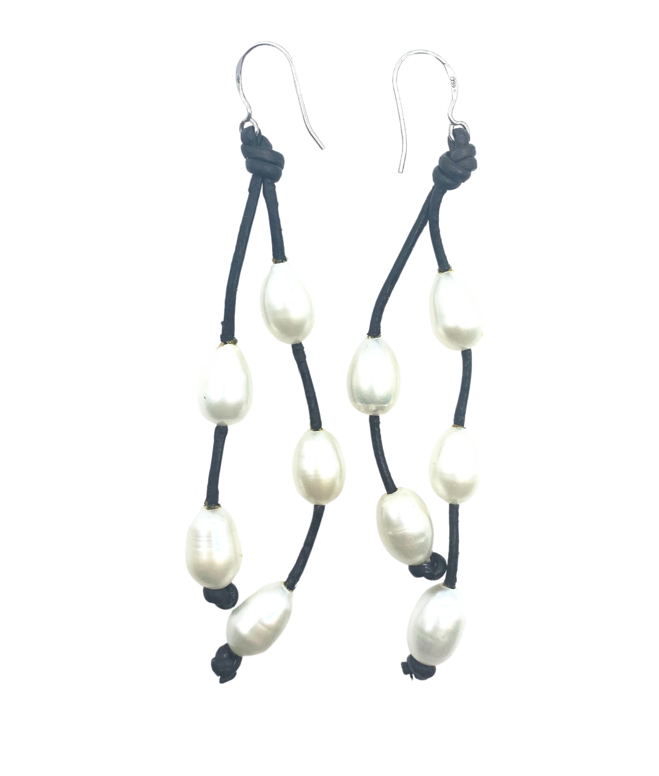 White Pearl on Black Leather Cord Necklace, Bracelet, Earring Set
