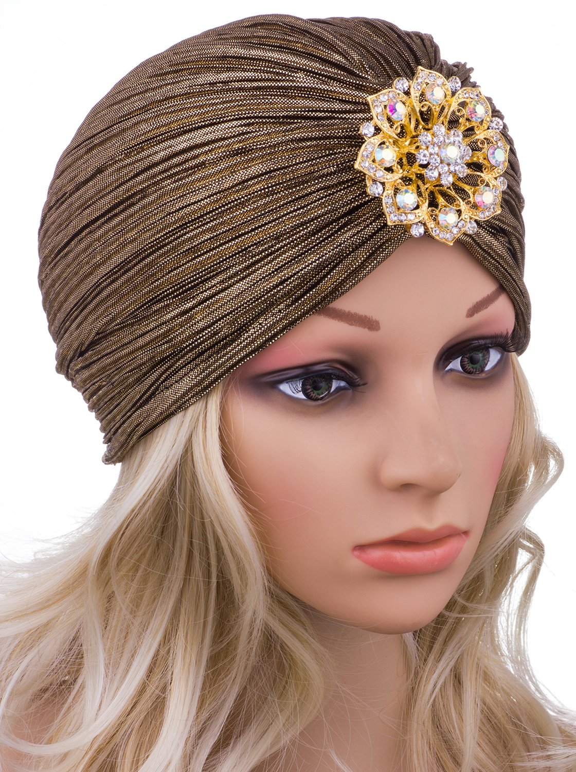 Vijiv Women's Vintage Lurex Knit Turban Beanie Hats Headwraps for 1920s Cocktail Party Gold