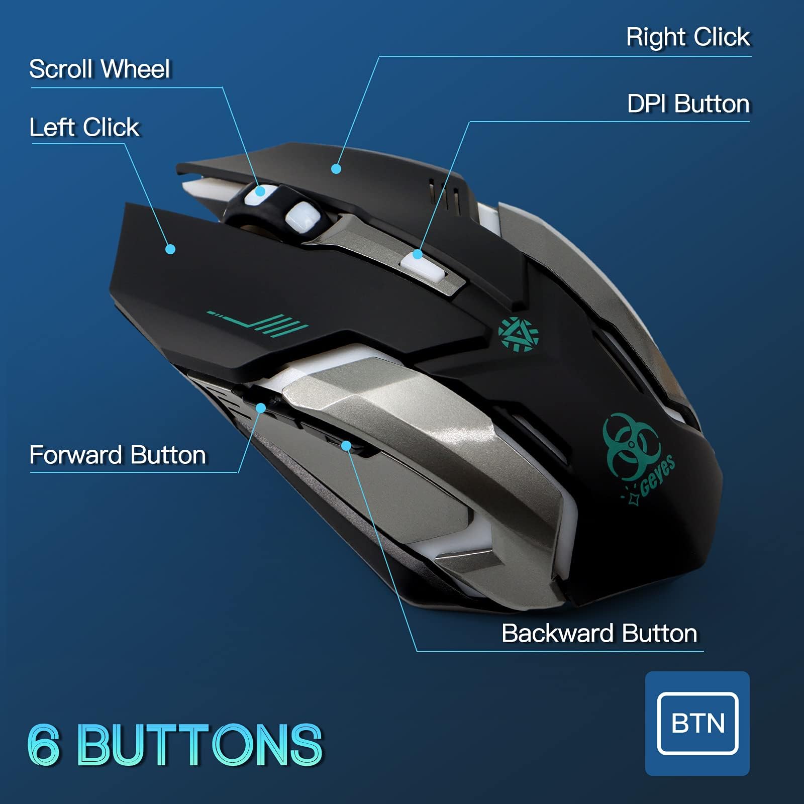 VEGCOO Wireless Gaming Mouse, Silent Click Wireless Mouse, Rechargeable Computer Mice with Colorful RGB LED Lights and 2400/1600/1000 Adjustable DPI for Laptop and Desktop (C8 Black)
