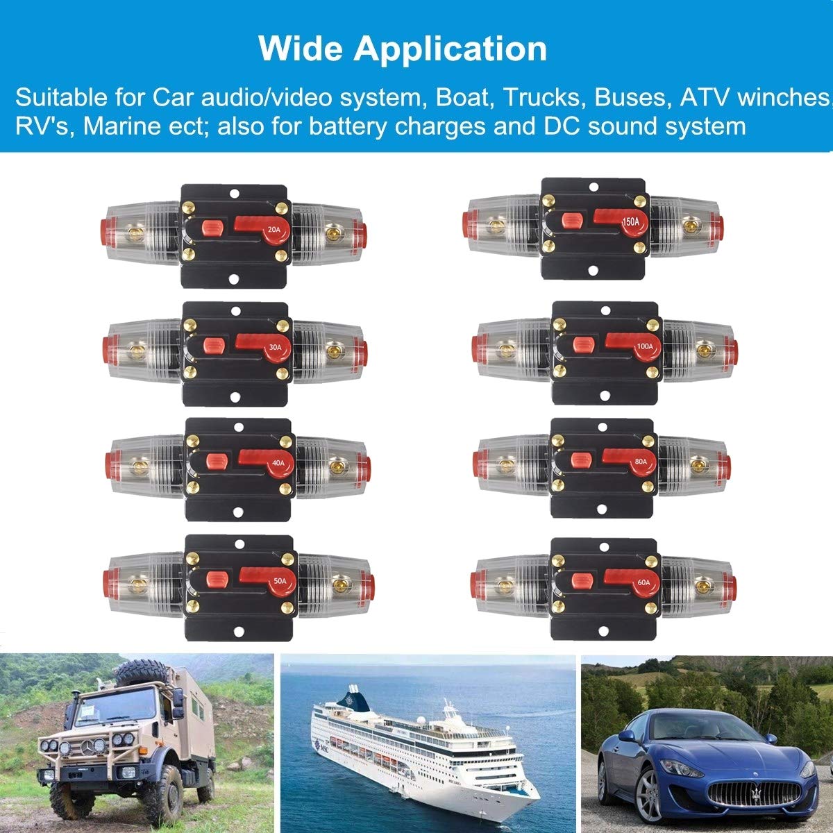 WOHHOM 100A/150A Audio Circuit Breaker Auto Car Stereo Inline Fuse Holders Inverter, Manual Reset 12V-24V DC for Automotive Marine Boat Audio System Protection (150A)