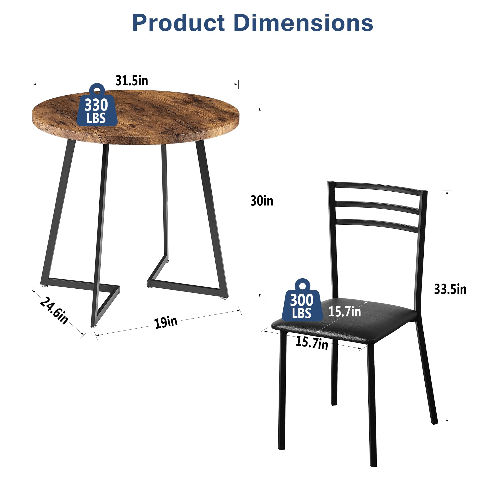 VECELO Round Kitchen Table with 2 Upholstered Chairs, 3-Piece Wood Dinette Sets with Steel Frame for Breakfast Nook, Dining Room, and Small Space, Brown