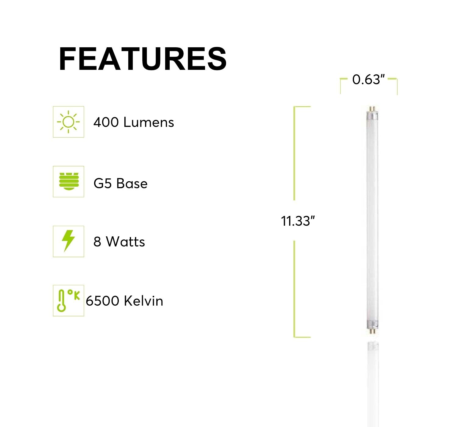 Sterl Lighting β 8 Watt G5 Mini 2 Pin Base 120/220V 11.33In 400Lm Under Cabinet Display Lighting Straight Tube Light for Garage or Kitchen T5 Fluorescent Bulbs Replacement F8T5/D White 6500K β 2 Pack