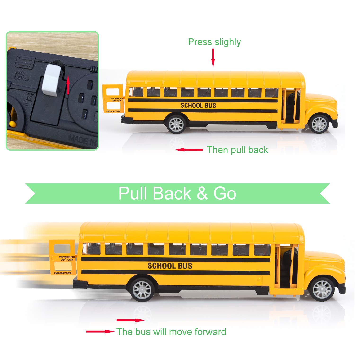 Think Wing School Bus Toy for Toddlers, 8.5 inch Die Cast Pull Back Cars Yellow Bus Play Vehicles with Sounds and Light