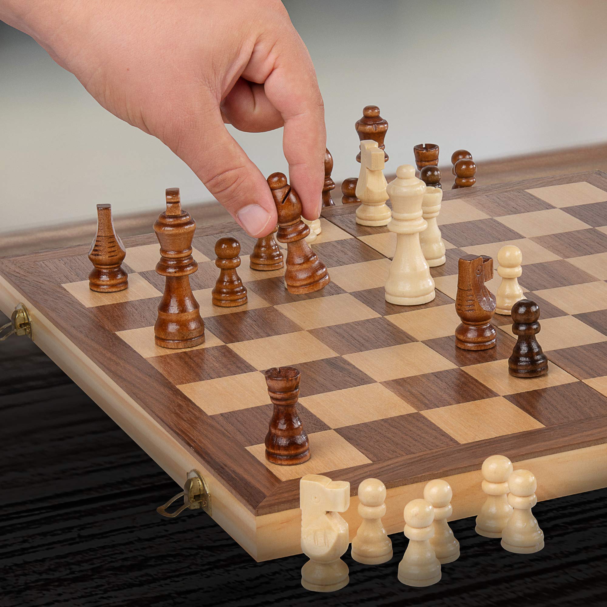 Wooden Chess Set - Handcrafted Chess Pieces - 15 Inch Chess Board - Foldable - Interior Storage Space - Travel Friendly - Felt Bottom - 3 Inch King - Bonus Wooden Checkers Pieces