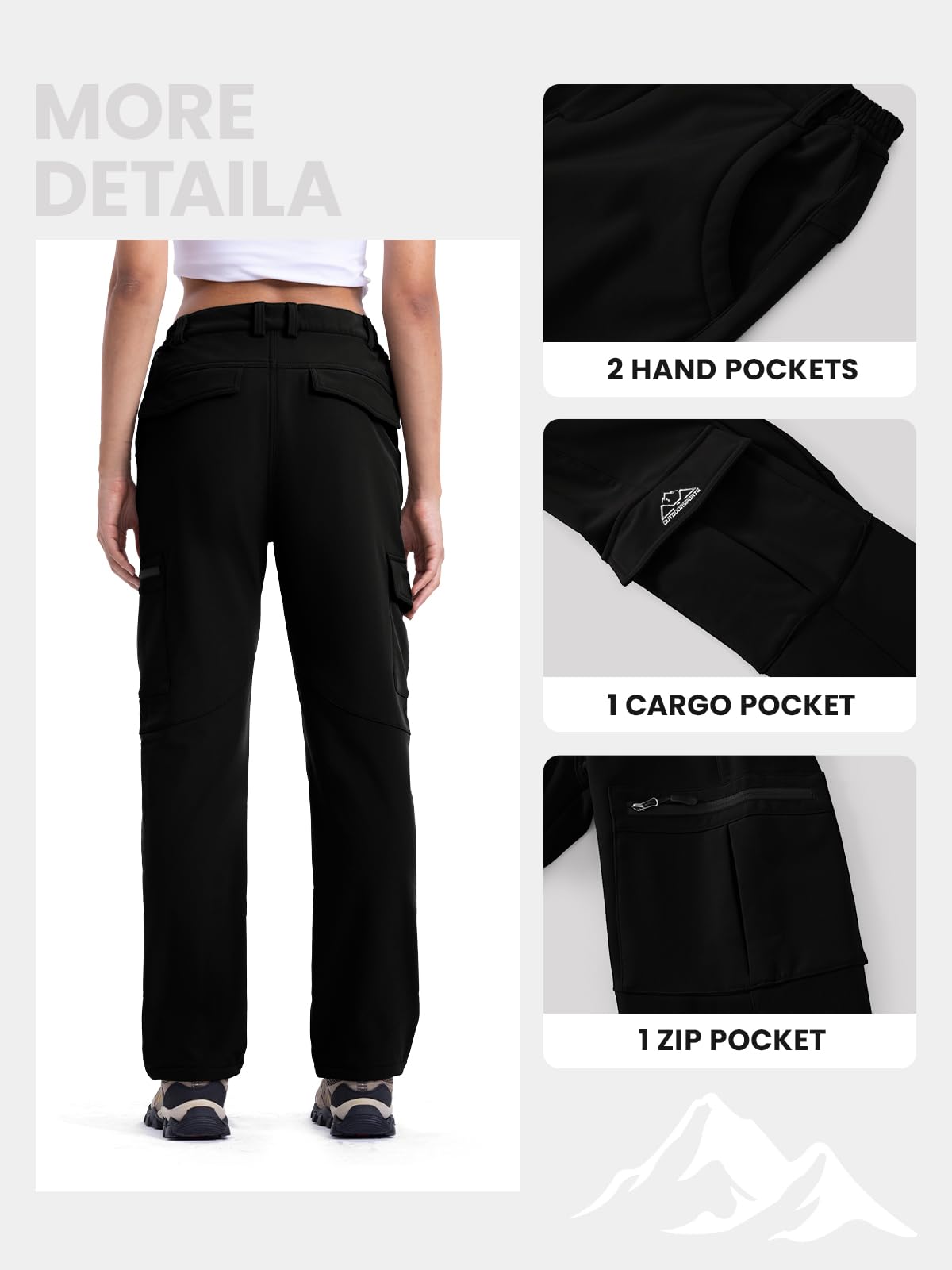 TBMPOY Women's Skiing Hiking Cargo Pants Outdoor Waterproof Windproof Softshell Fleece Snow Pants Black M