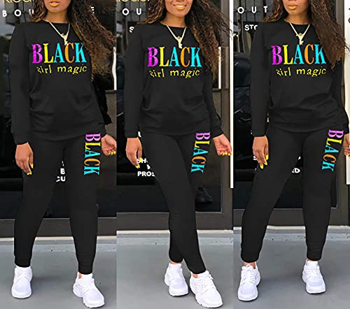Wuitrie Women's 2 Piece Tracksuit Long Sleeve Pullover Letter Print Top and Long Pant Outfits Black L