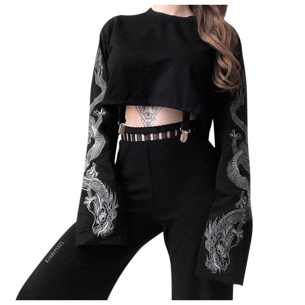 Women's Crop Sweatshirt Punk Goth Dragon Print Buckle Suspender Cropped Top Blouse Pullover Casual Outerwear (Black, L)