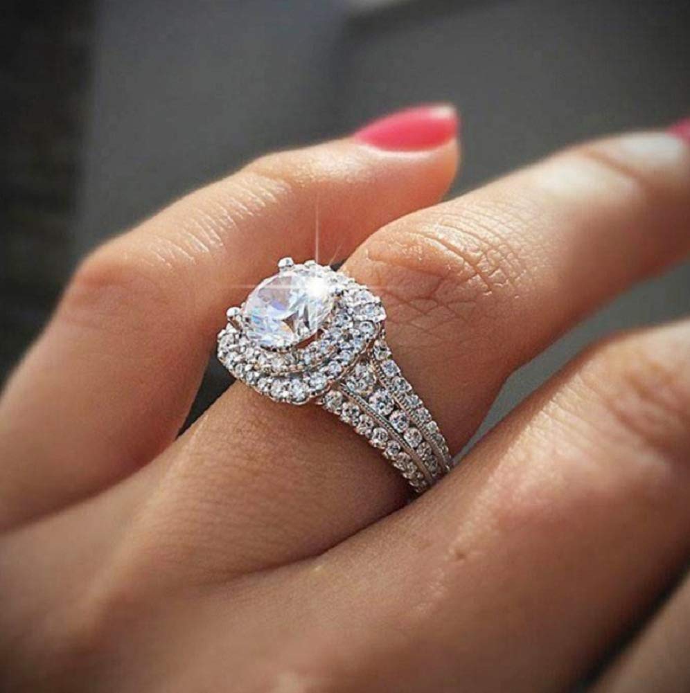 Wenbin New Princess Square Simulation Diamond Ring Double-Layer Super-Flash Zircon Ring Cubic Zirconia Promise Halo Engagement Wedding Band Ring for Women Size 6-10" (US 8)