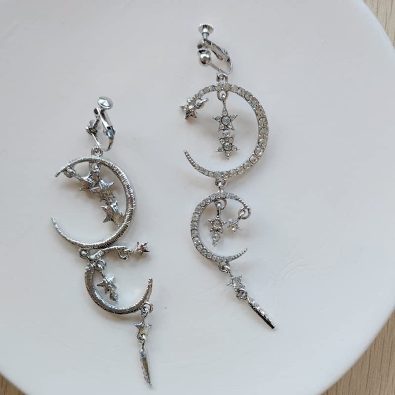 Usresu Clip on Earrings Vintage Star Moon Tassels Dangle Rhinestone Silver-tone Plated