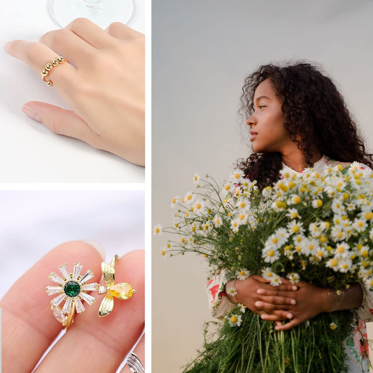 yfstyle Fidget Anxiety Rings for Women Adjustable Open Ring Set Cubic Zirconia Sunflower Spinner Ring Gift for Valentine's Day-gold 3pcs