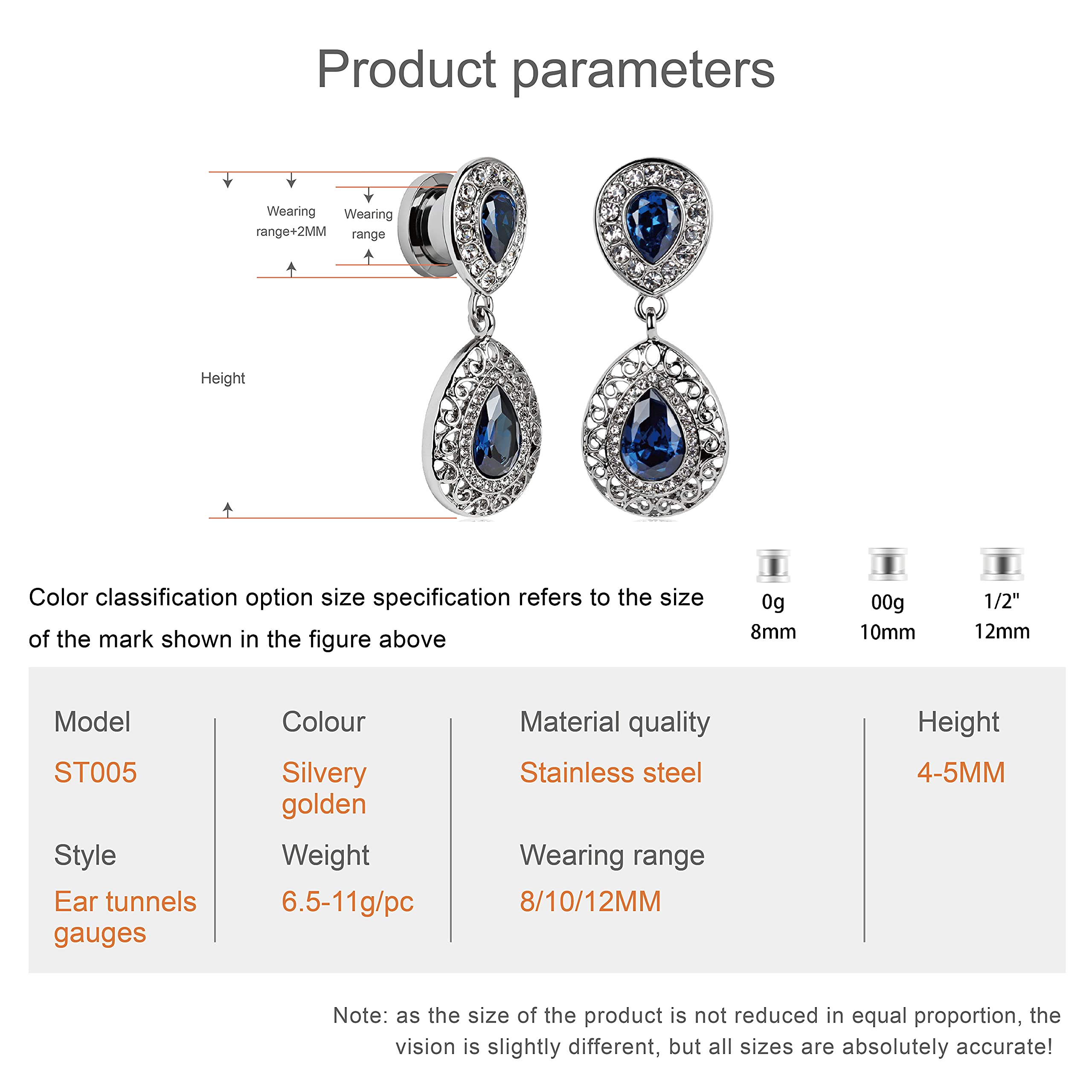 TBOSEN Set Of 8pcs Sapphire Crystal Dangle Pendant Ear Plugs Stainless Steel Screw Ears Tunnels Gauges Piercings