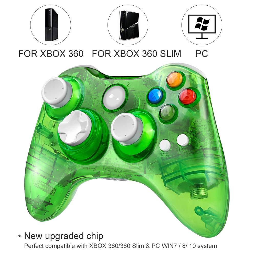 Wireless Controller for Xbox 360, PowerLead Wireless Gamepad Vibration Shock for Microsoft Xbox 360/Windows/PC with 7 LED flashing lights (Green)