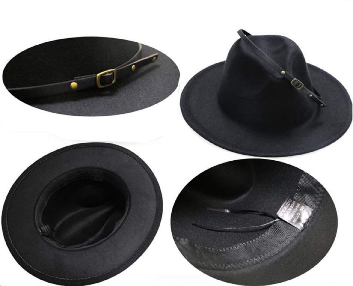 Women's Felt Panama Hats Classic Wide Brim Rancher Fedora with Belt Buckle (Black, 56-58cm/22-22.8in)