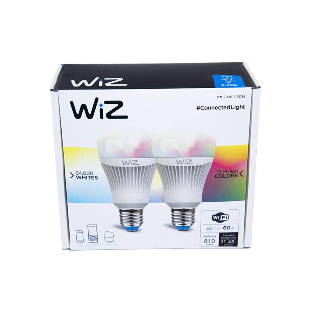 WiZ IZ20126082 60 Watt EQ A19 Smart WiFi Connected LED Light Bulbs/Compatible with Alexa and Google Home, no Hub Required, 2 Count (Pack of 1), RGB+ Color Changing/Tunable/Dimmable, 2 Piece