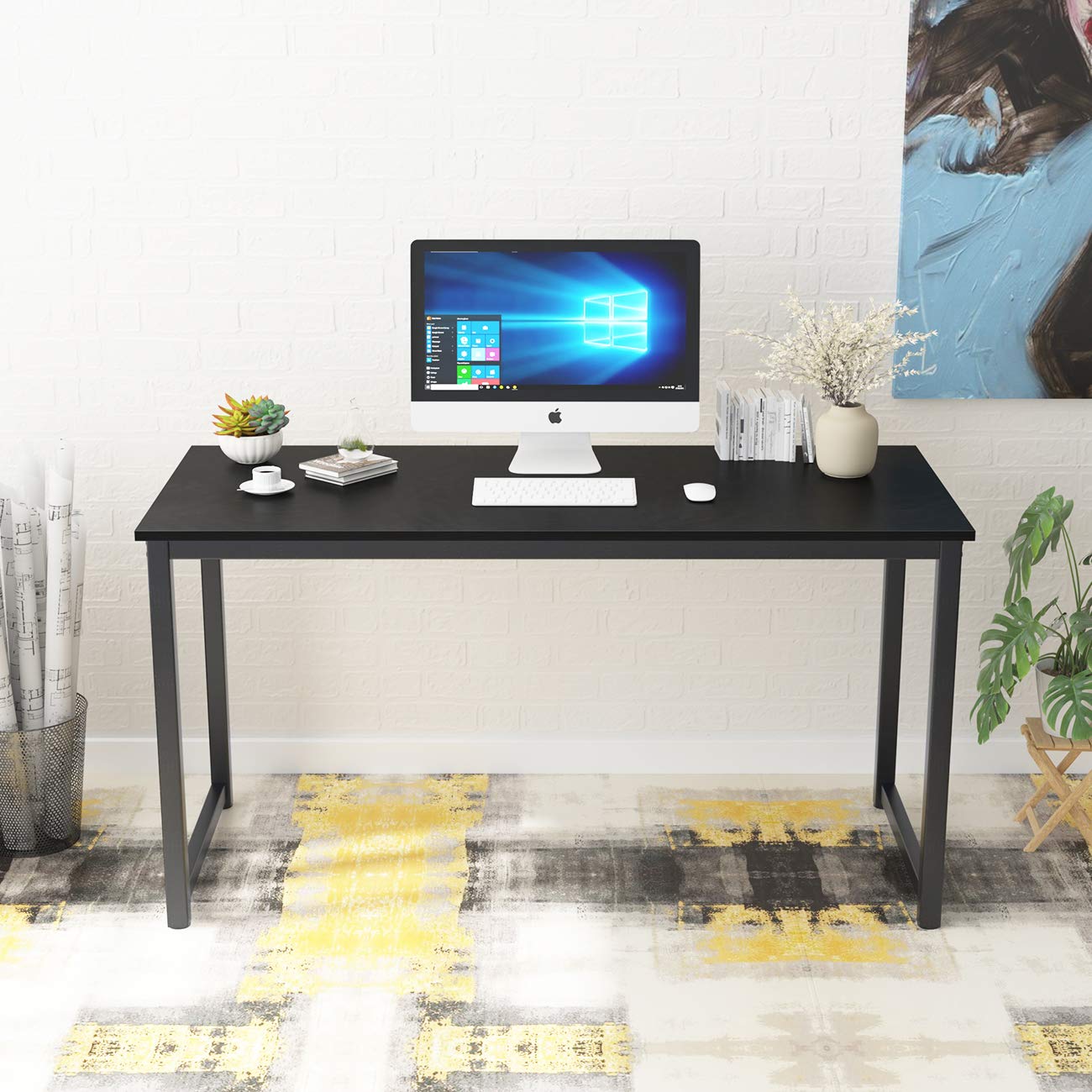 SogesPower 55 inches Modern Computer Desk PC Office Desk Study Desk Writing Table Multi-Purpose Workstation for Home Office Gaming Computer Desk, Black, SPGC-P2JJ-140BK