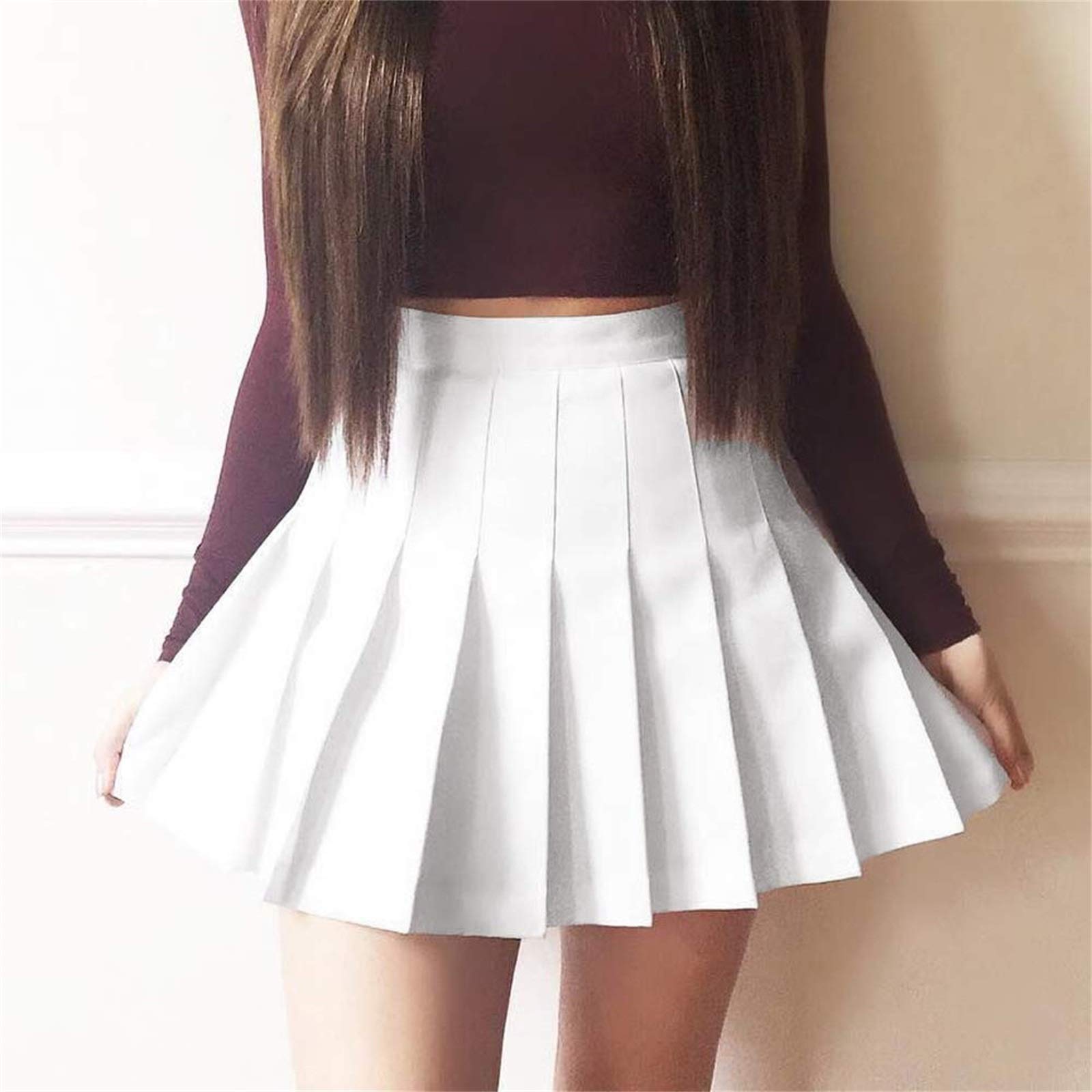 Women's High Waisted Pleated Skater A-line Short Mini Skirt Tennis School Skirt Uniform with Lining Shorts (White, M)