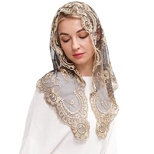 Spanish Mantilla Embroidery Lace Veils Catholic Church Mantillas Chapel Scarf Lace Mass (black and gold), 120cm*60cm