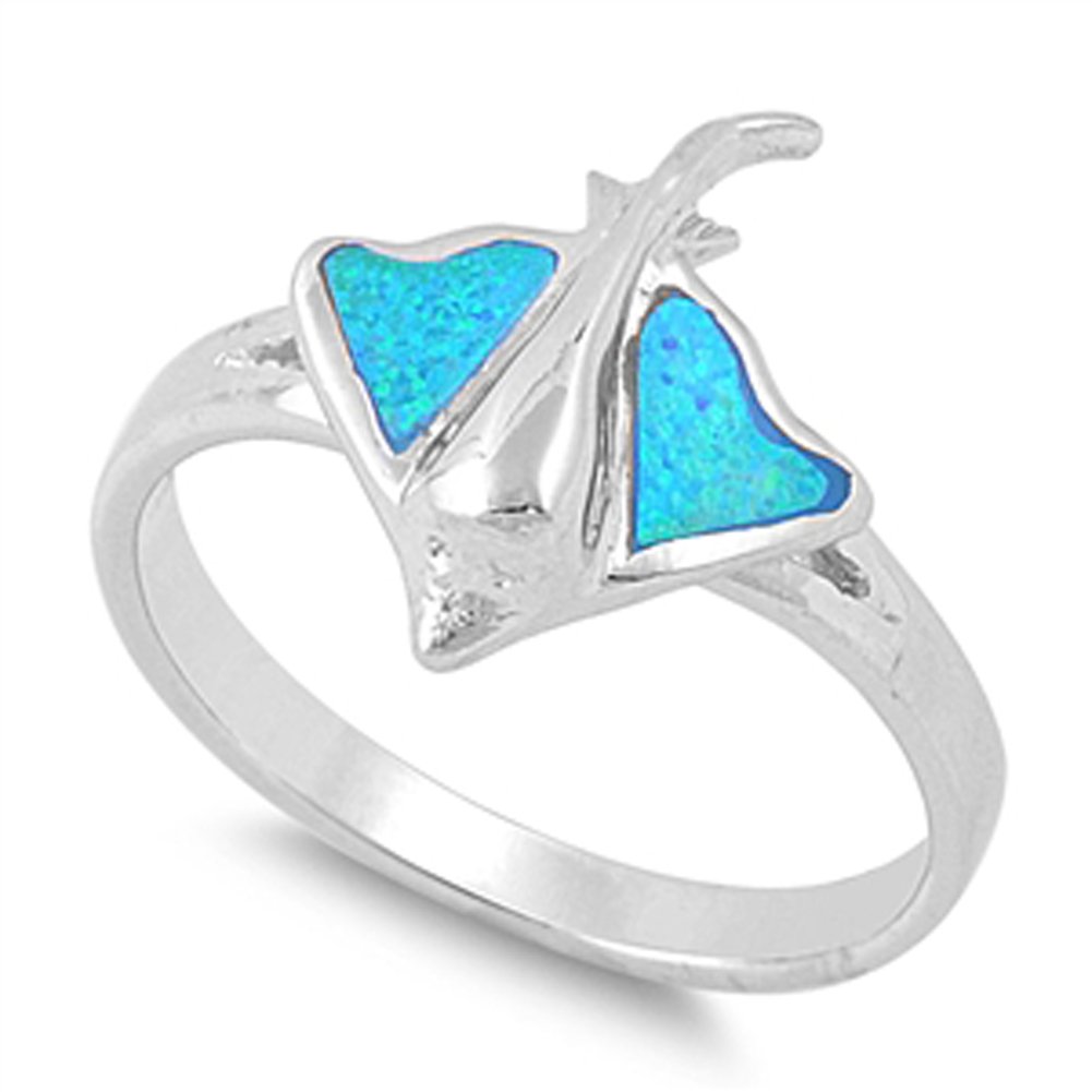 Women's Stingray Blue Simulated Opal Fashion Ring .925 Sterling Silver Band Size 9