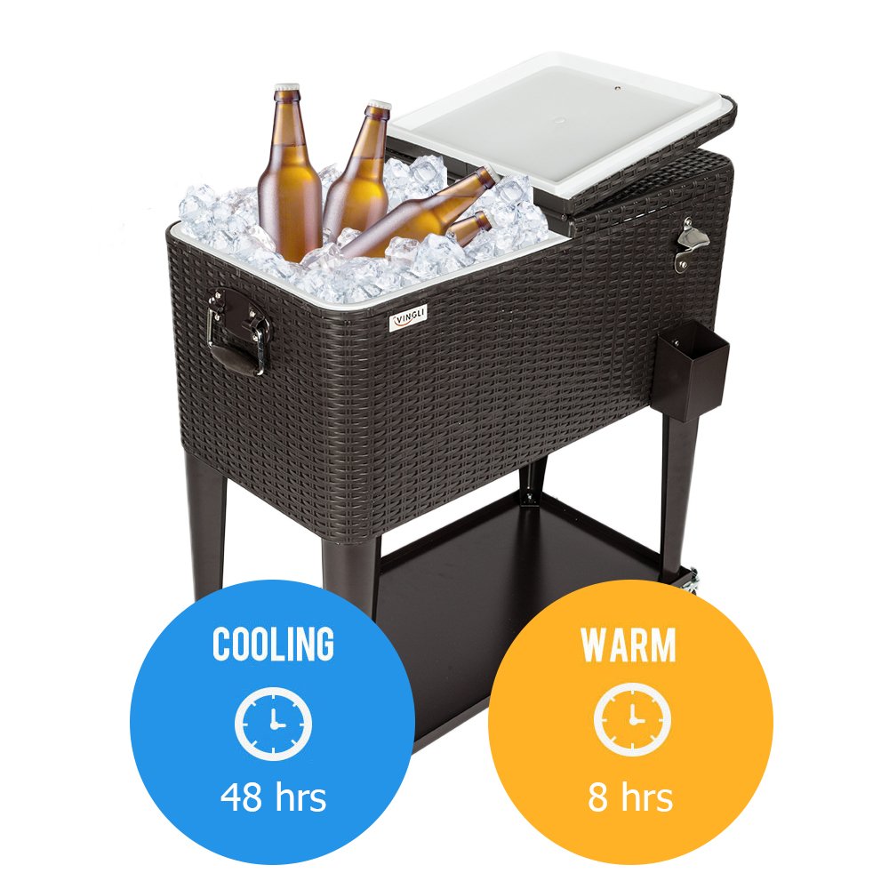 VINGLI 80 Quart Rolling Ice Chest, Portable Patio Party Bar Drink Cooler Cart, with Shelf, Beverage Pool with Bottle Opener (Brown)